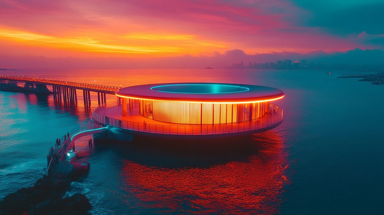 Cyberpunk-Style Neon Waterfront Building