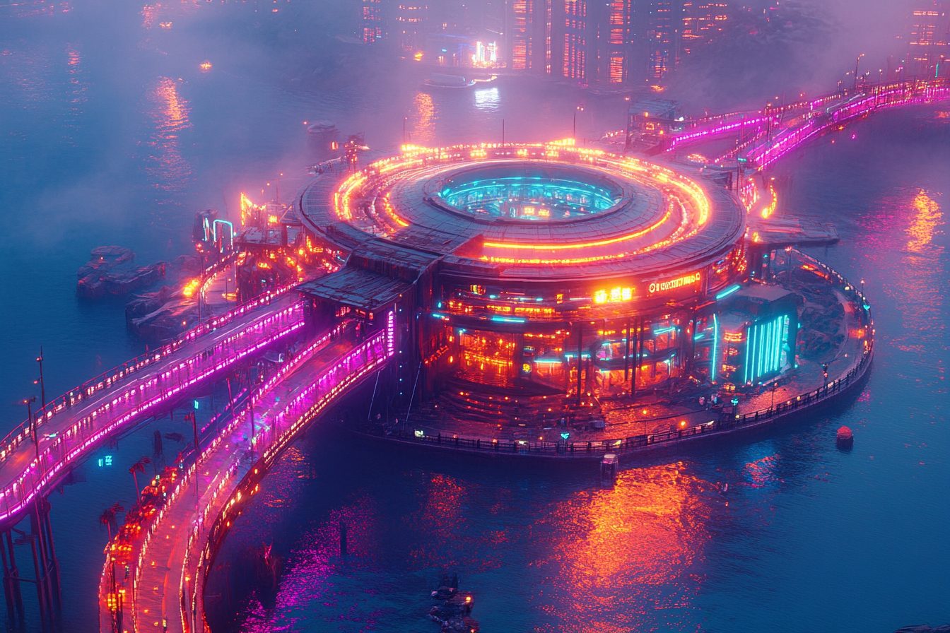 Cyberpunk-Style Neon Waterfront Building