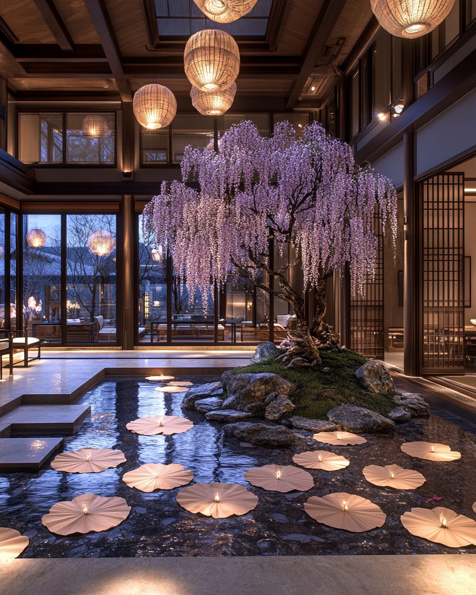 Indoor Japanese Garden Ponds with Lanterns