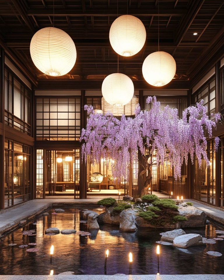 Indoor Japanese Garden Ponds with Lanterns