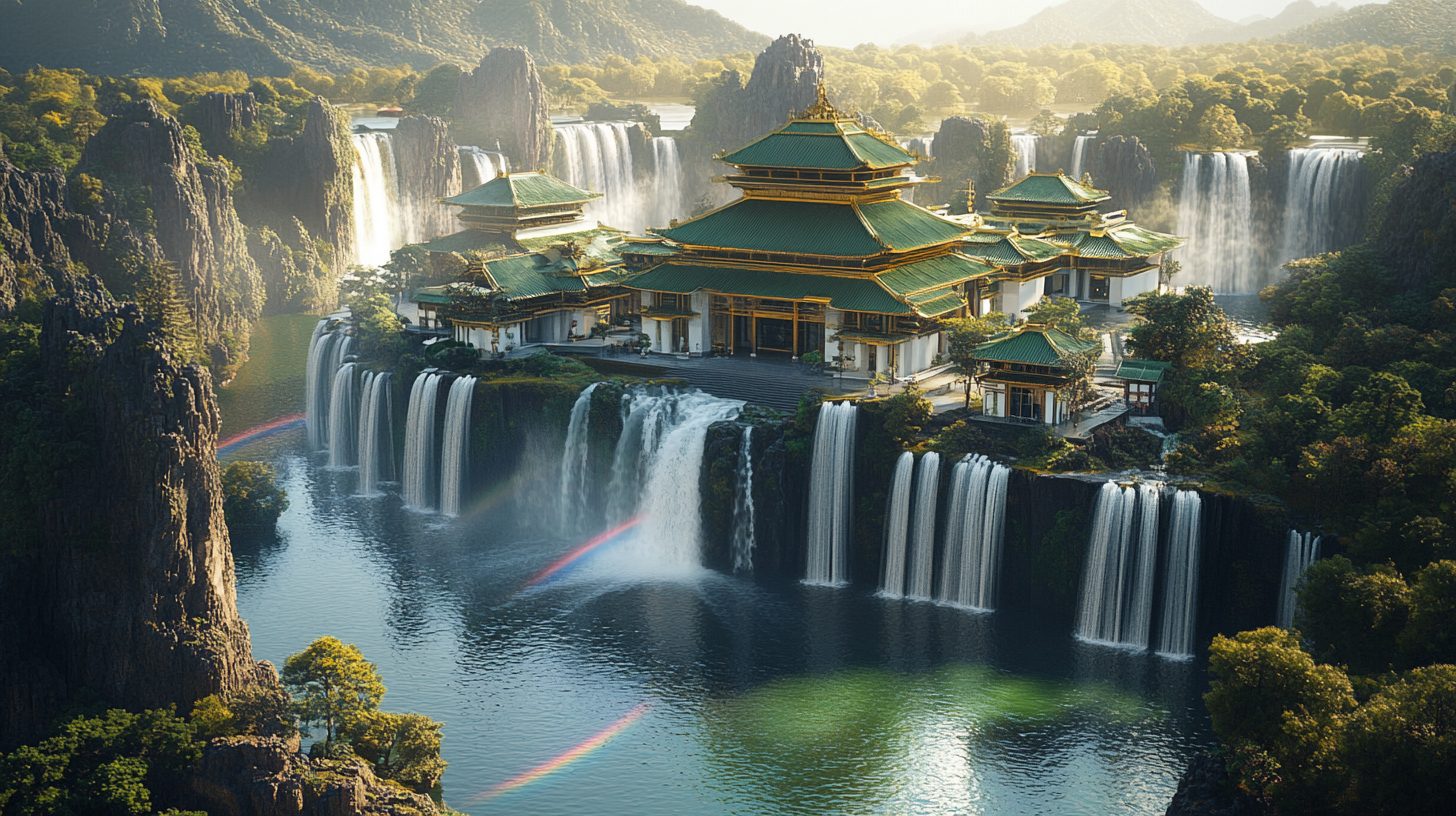Modern Japanese Temples with Waterfalls