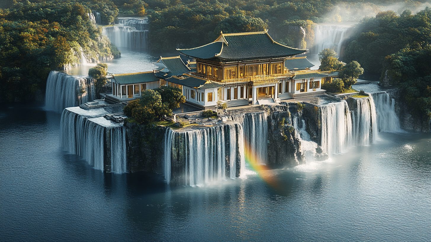 Modern Japanese Temples with Waterfalls