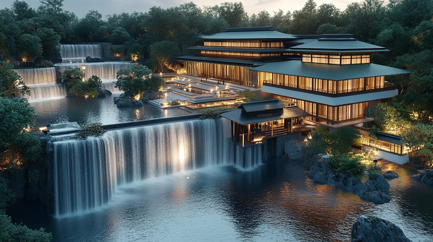 Modern Japanese Temples with Waterfalls