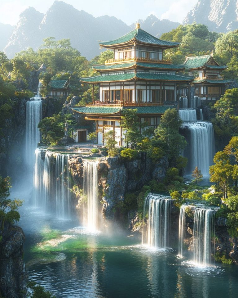 Modern Japanese Temples with Waterfalls