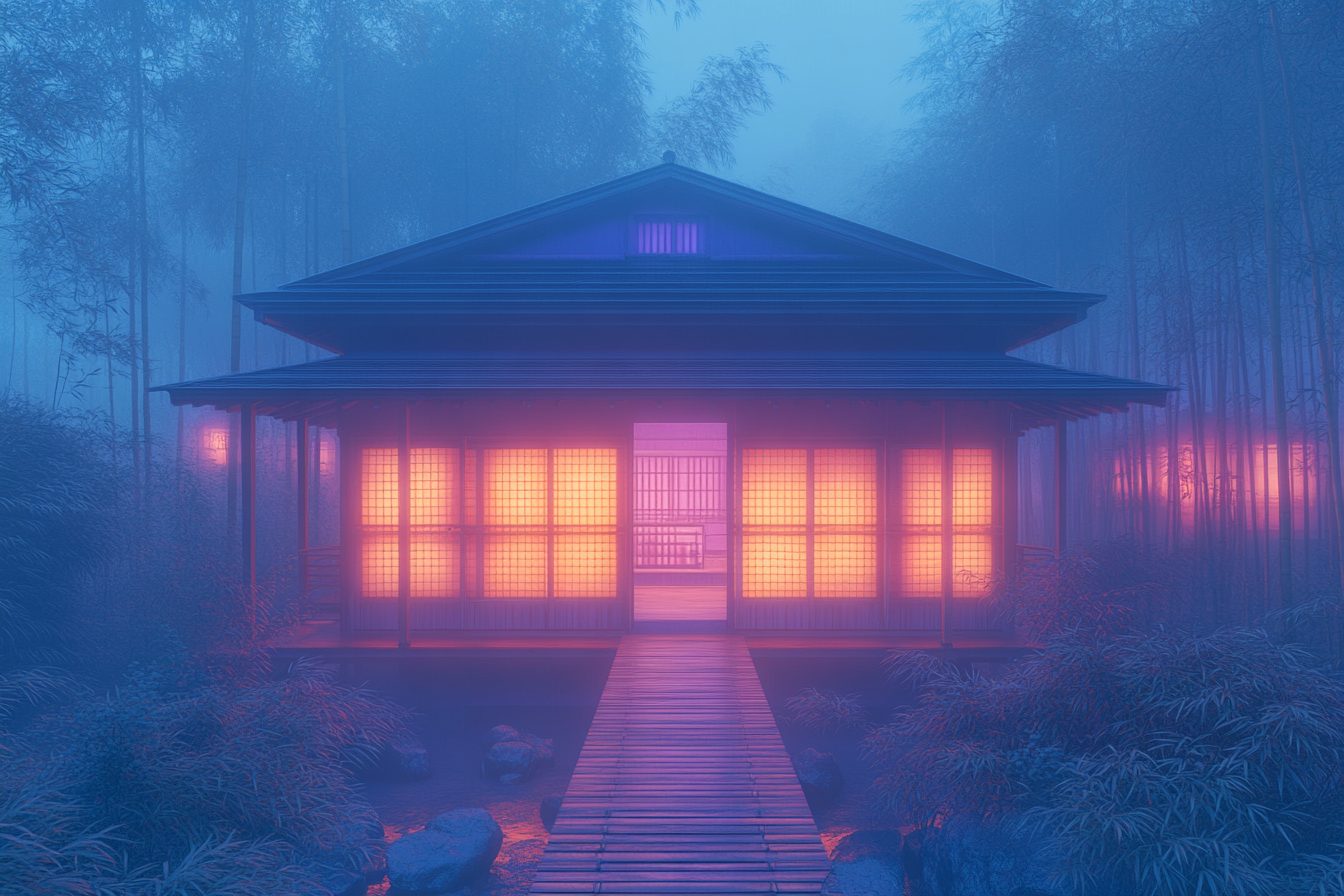 Neon Japanese-Style Houses within a Bamboo Forest