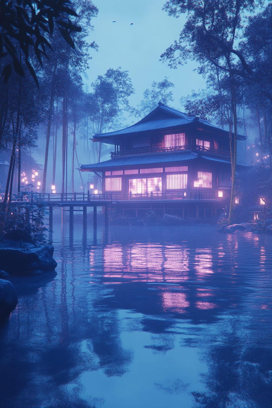Neon Japanese-Style Houses within a Bamboo Forest
