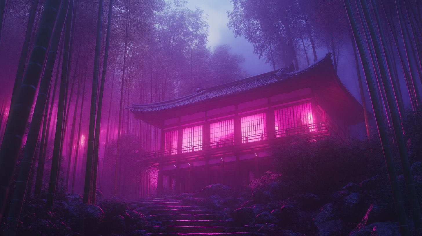 Neon Japanese-Style Houses within a Bamboo Forest
