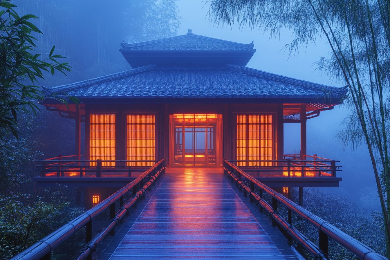 Neon Japanese-Style Houses within a Bamboo Forest