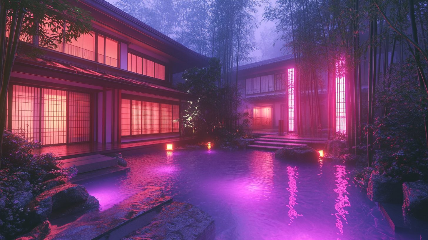 Neon Japanese-Style Houses within a Bamboo Forest