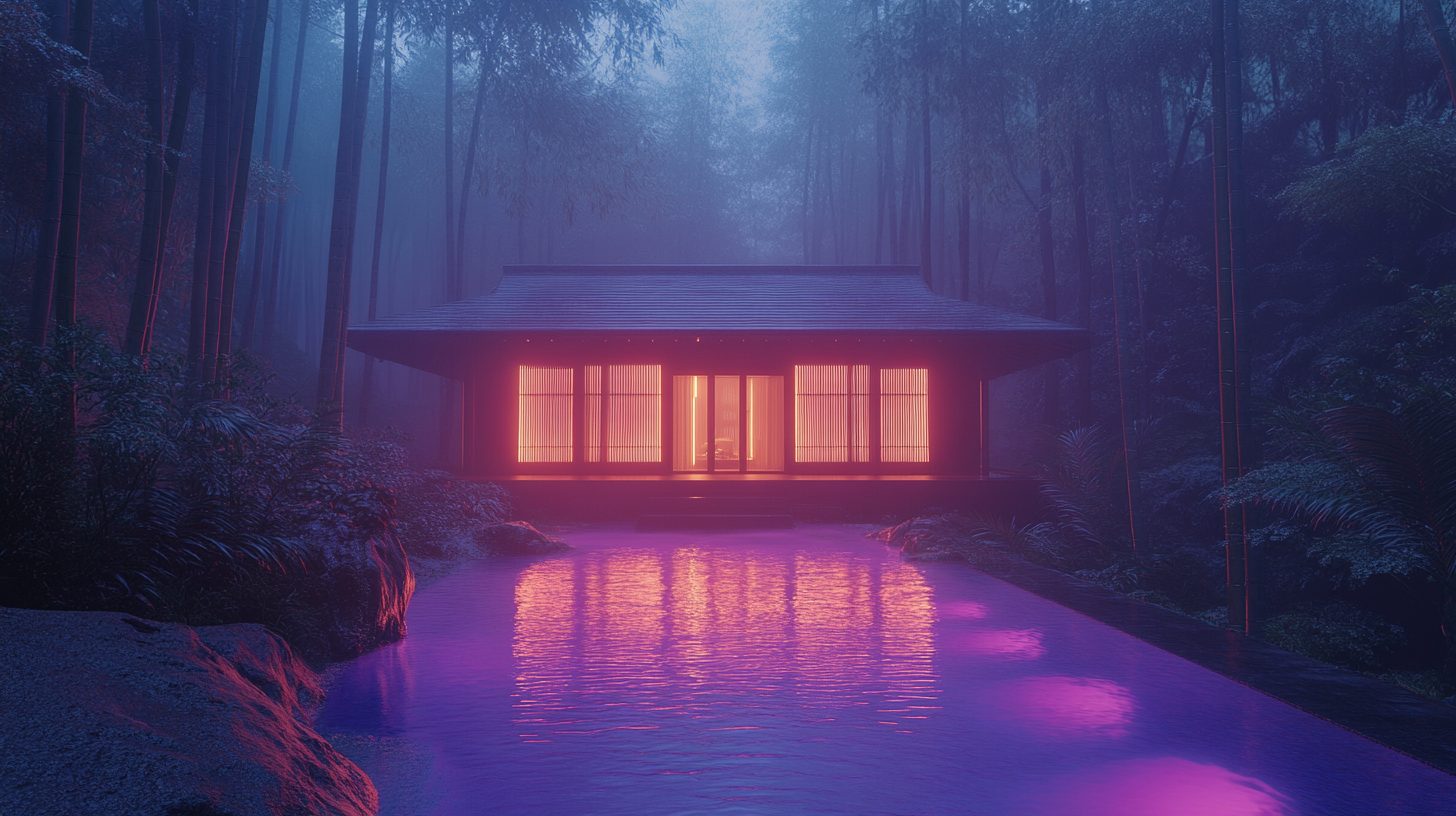 Neon Japanese-Style Houses within a Bamboo Forest