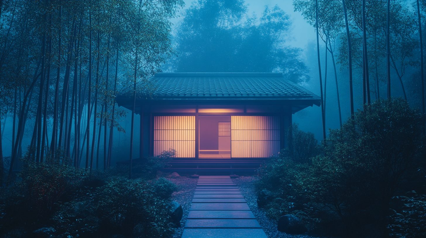 Neon Japanese-Style Houses within a Bamboo Forest