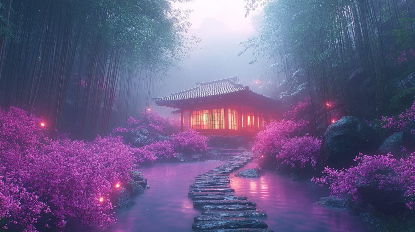 Neon Japanese-Style Houses within a Bamboo Forest