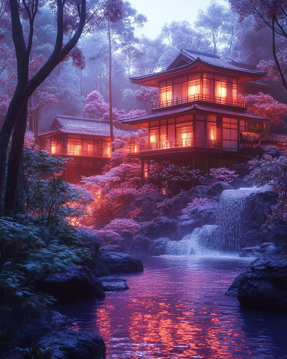 Neon Japanese-Style Houses within a Bamboo Forest