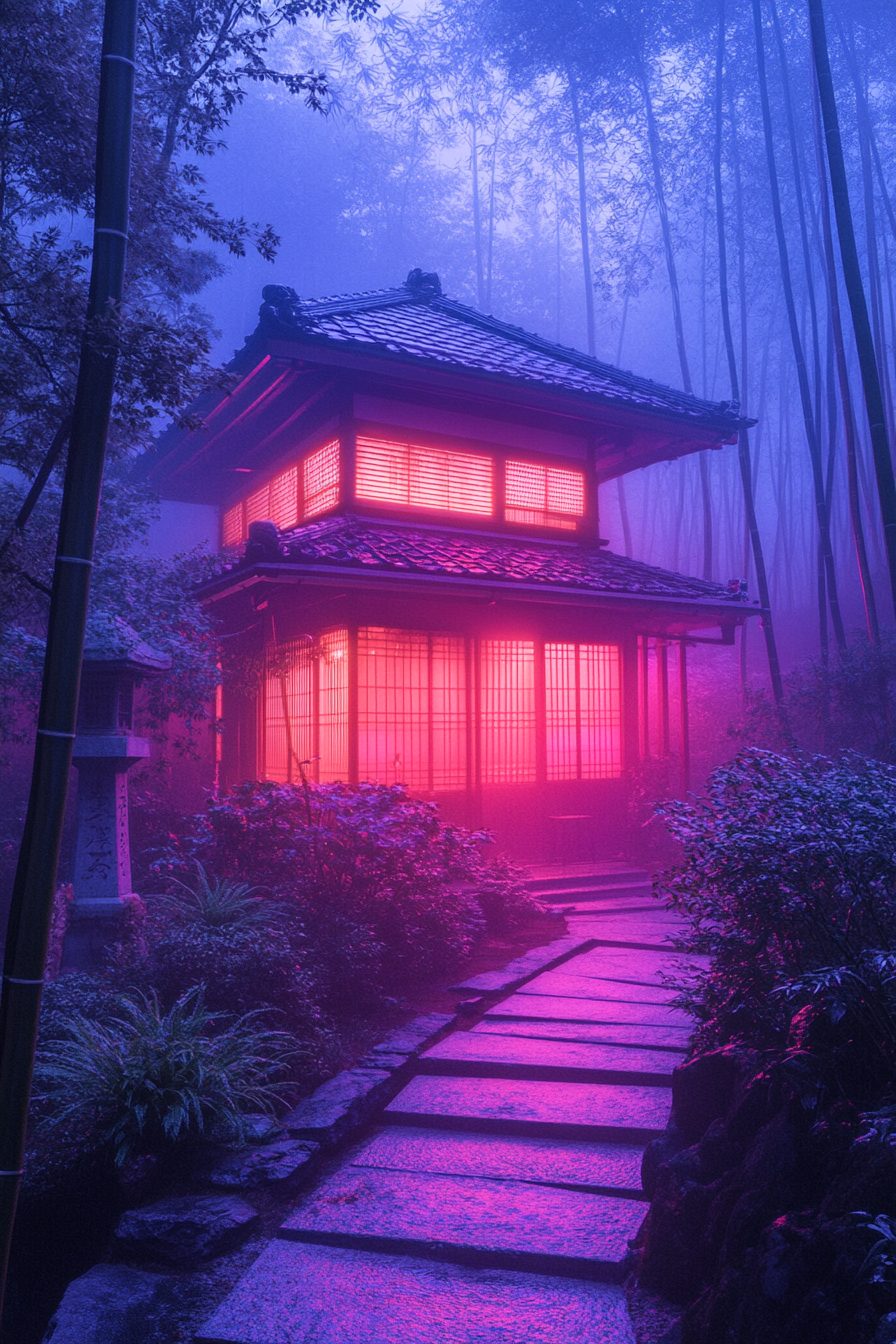 Neon Japanese-Style Houses within a Bamboo Forest