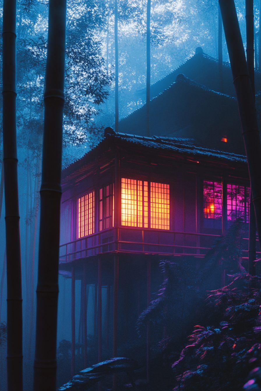 Neon Japanese-Style Houses within a Bamboo Forest