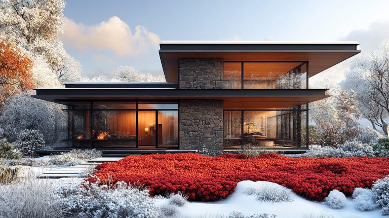 Rustic Modern Houses with Snow-Covered Landscape and Red Roses