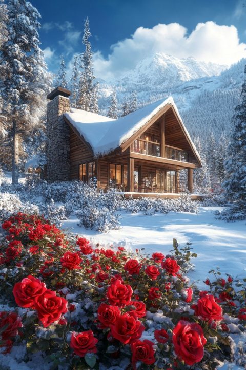 Rustic Modern Houses with Snow-Covered Landscape and Red Roses
