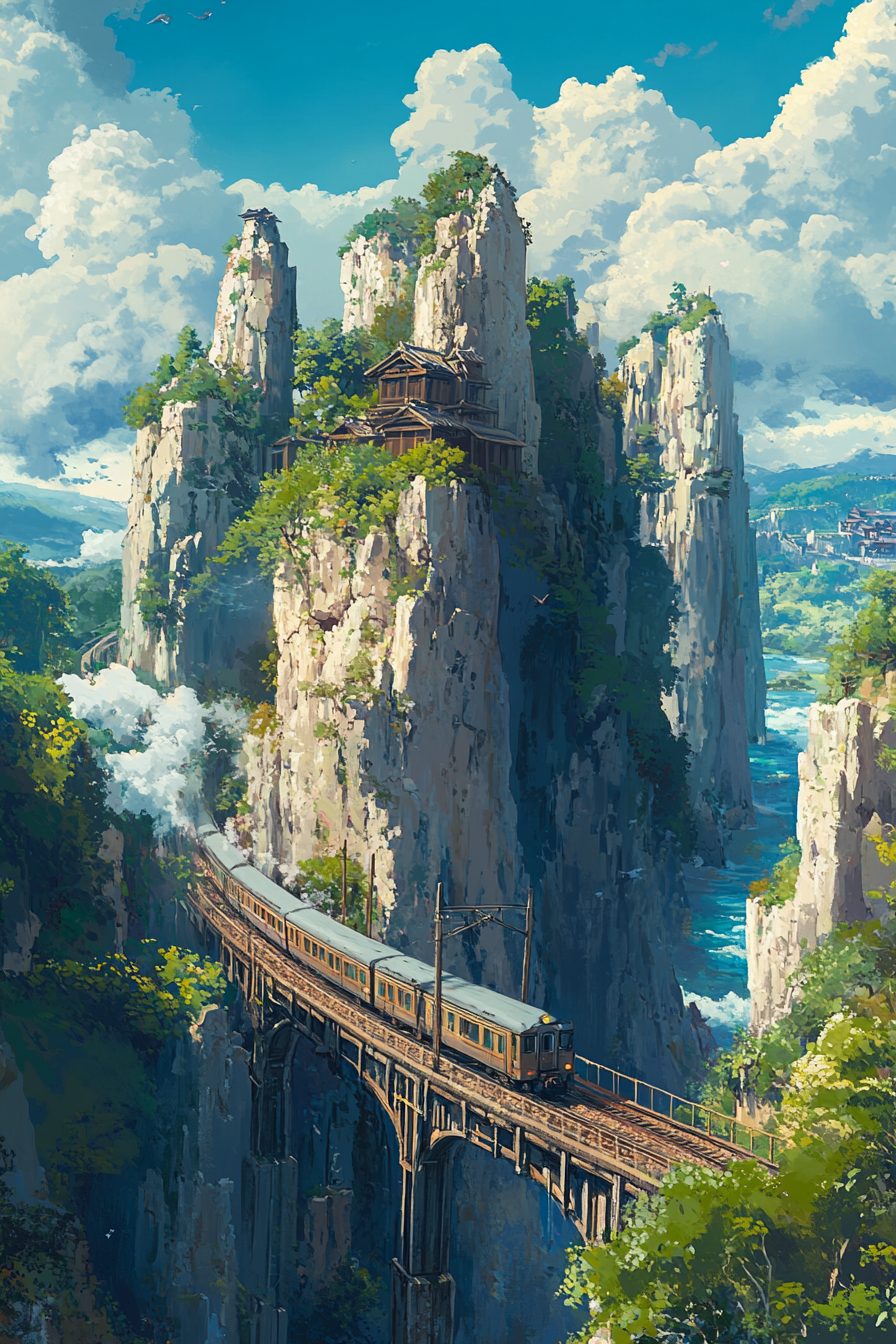 Trains Traveling Through Fantasy-like Places