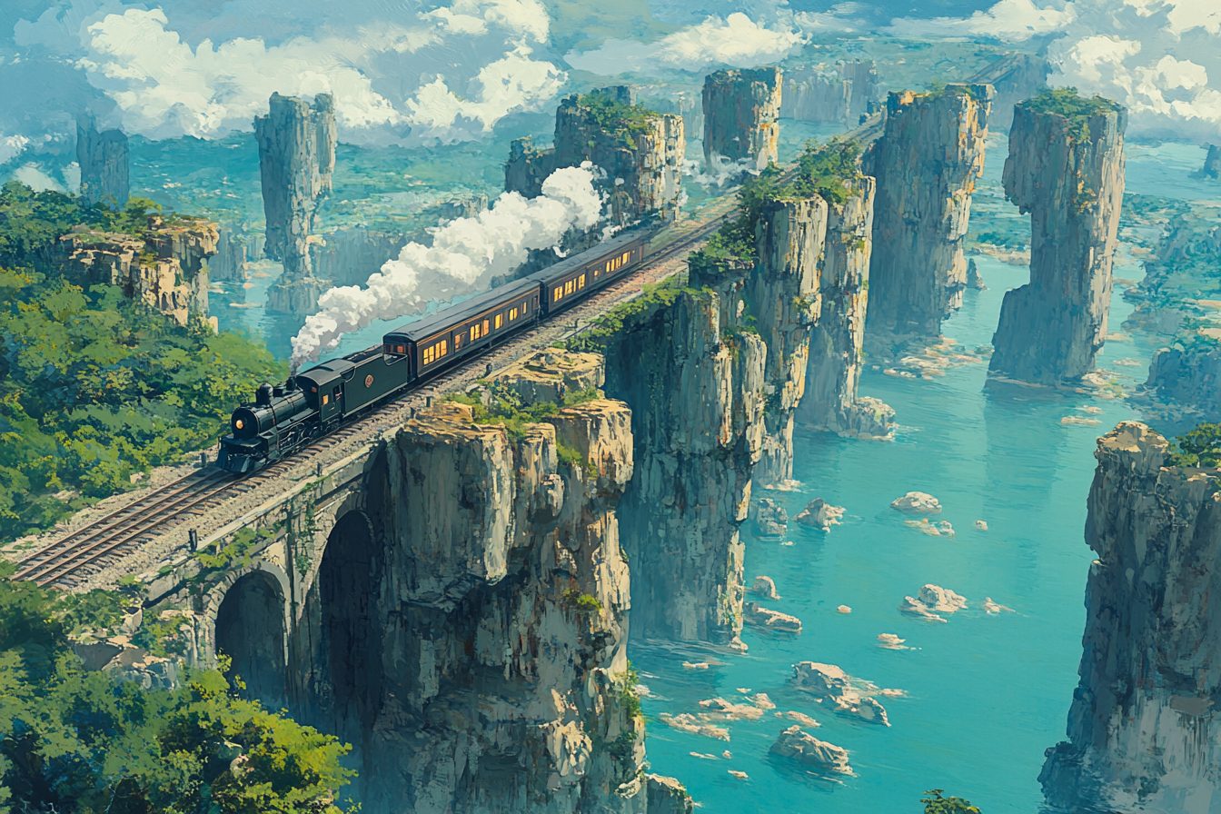 Trains Traveling Through Fantasy-like Places