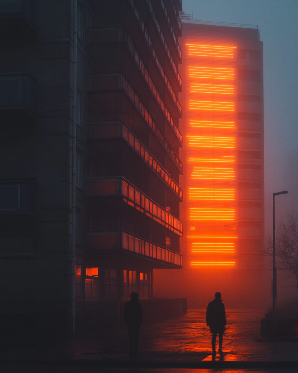 Apartment Buildings with Orange Neon Lights