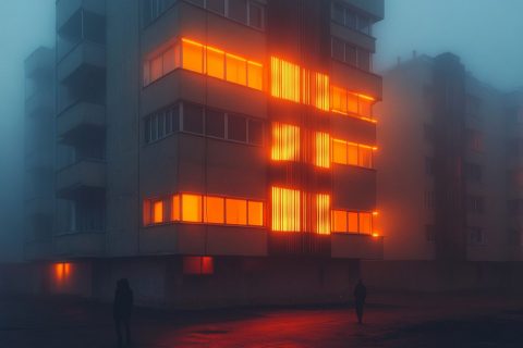 Apartment Buildings with Orange Neon Lights