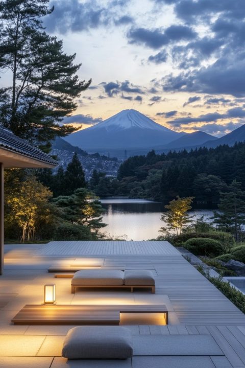 Modern Japanese-Style Patio with a Mount Fuji View