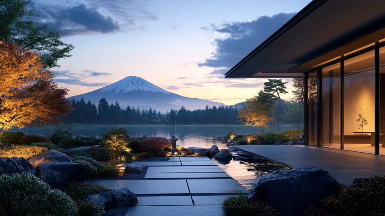 Modern Japanese-Style Patio with a Mount Fuji View