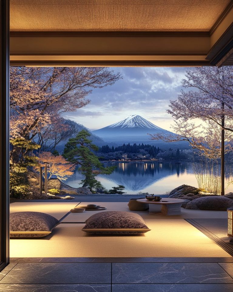 Modern Japanese-Style Patio with a Mount Fuji View