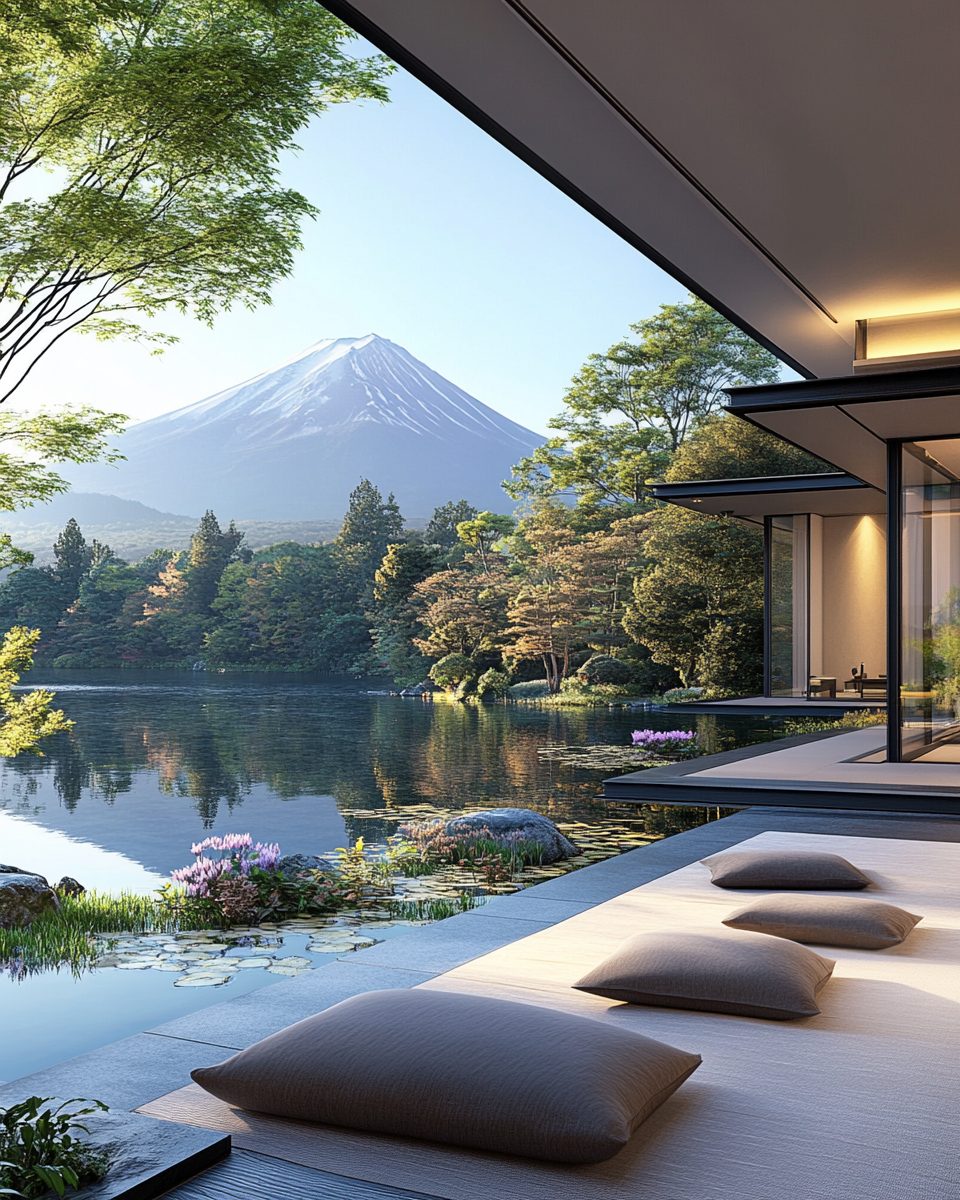 Modern Japanese-Style Patio with a Mount Fuji View