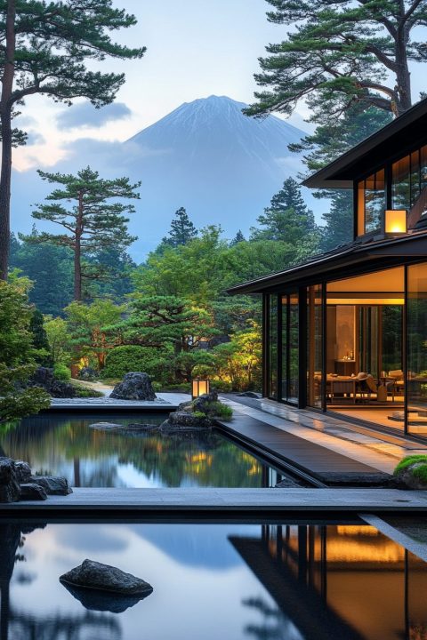 Modern Japanese-Style Patio with a Mount Fuji View