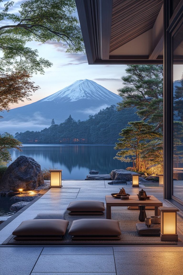 Modern Japanese-Style Patio with a Mount Fuji View