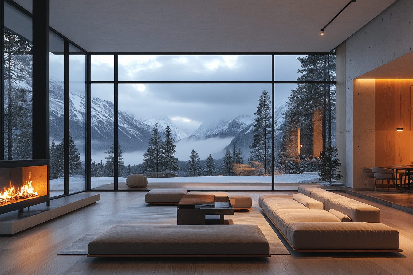 Modern Living Room with a Snow-Covered Scenic View