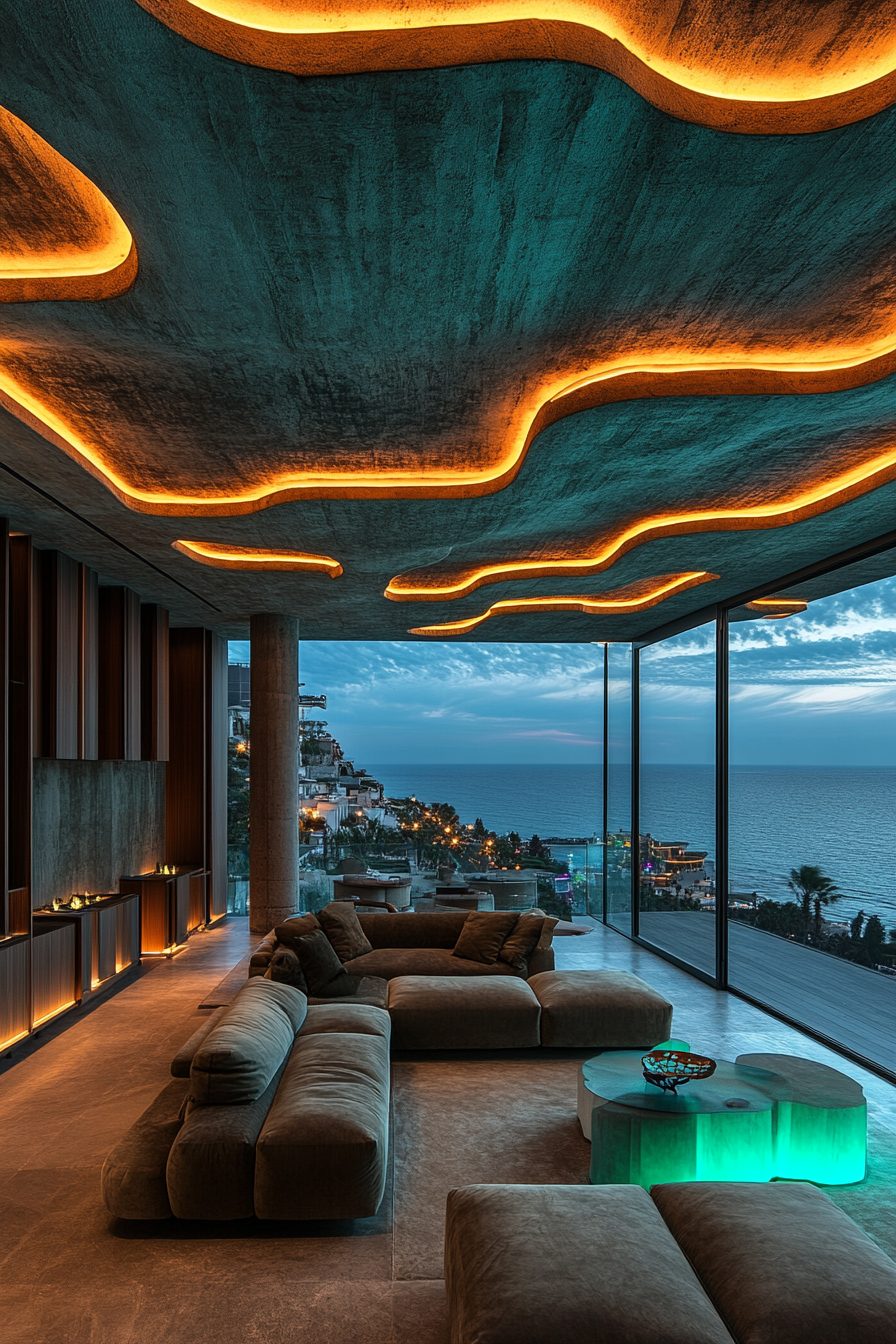 Seafront Homes with Unique Neon Ceiling Designs