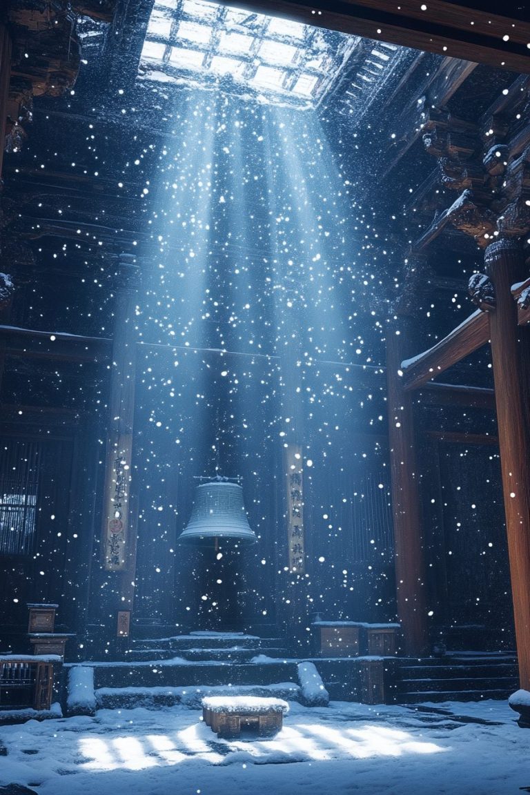 Rustic Japanese Building Interior with Snow and Sunlight