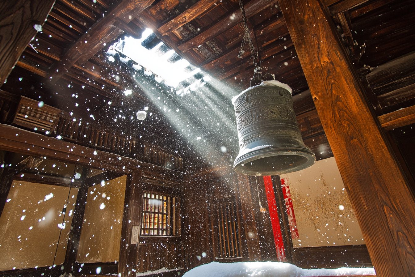 Rustic Japanese Building Interior with Snow and Sunlight