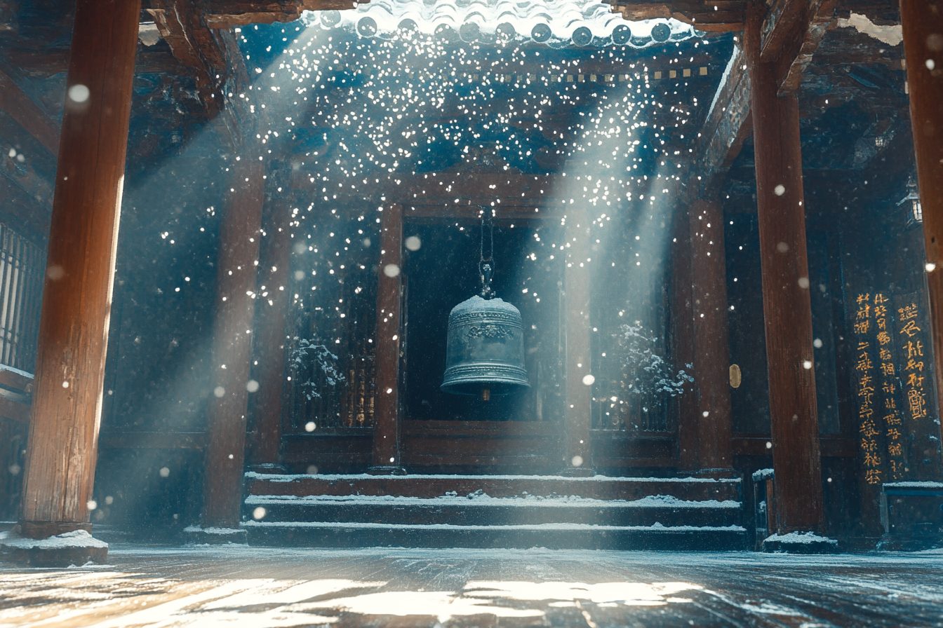 Rustic Japanese Building Interior with Snow and Sunlight
