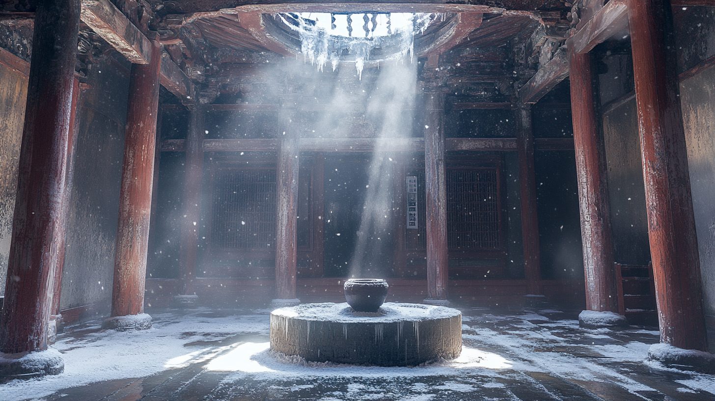 Rustic Japanese Building Interior with Snow and Sunlight