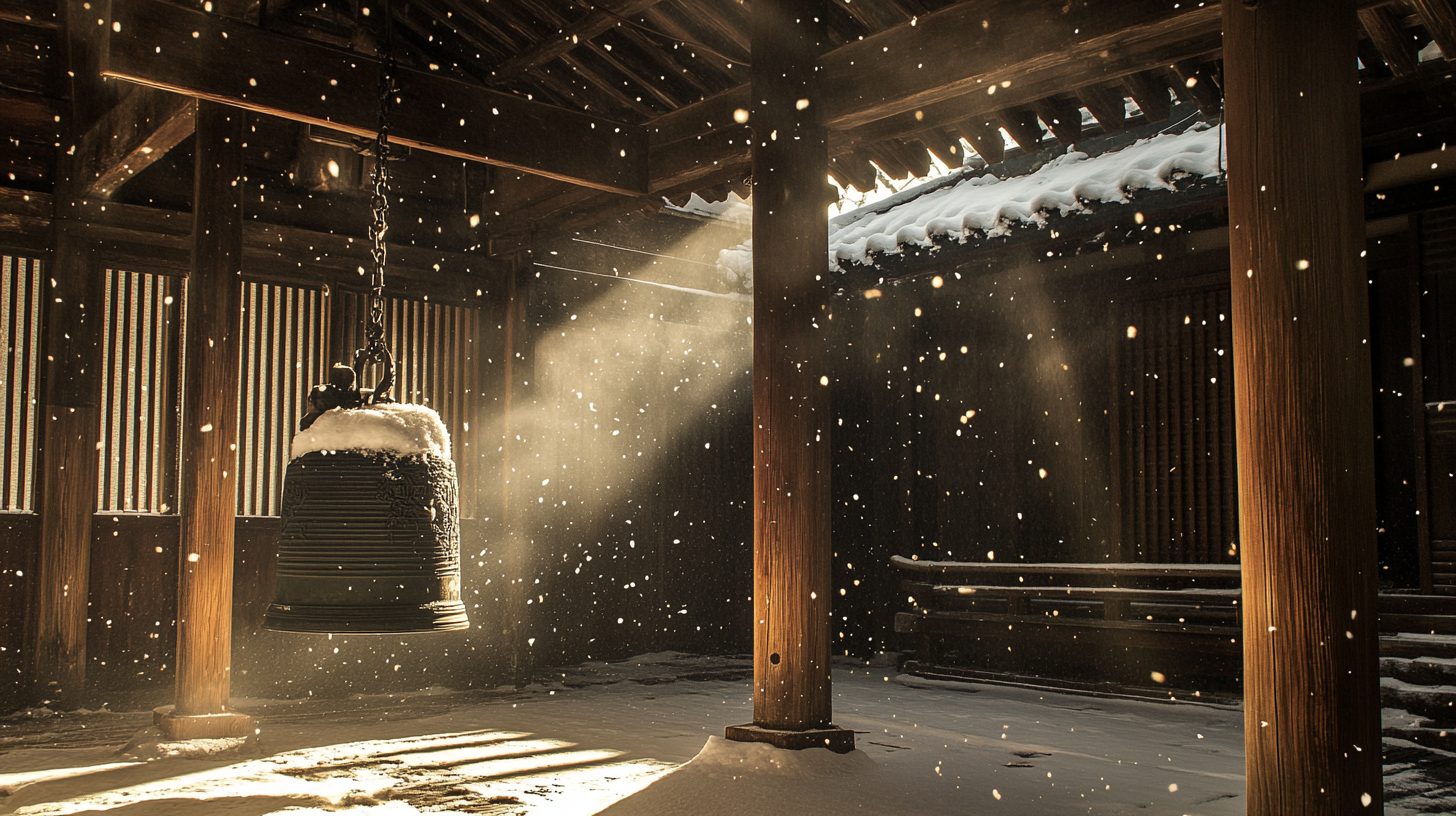 Rustic Japanese Building Interior with Snow and Sunlight