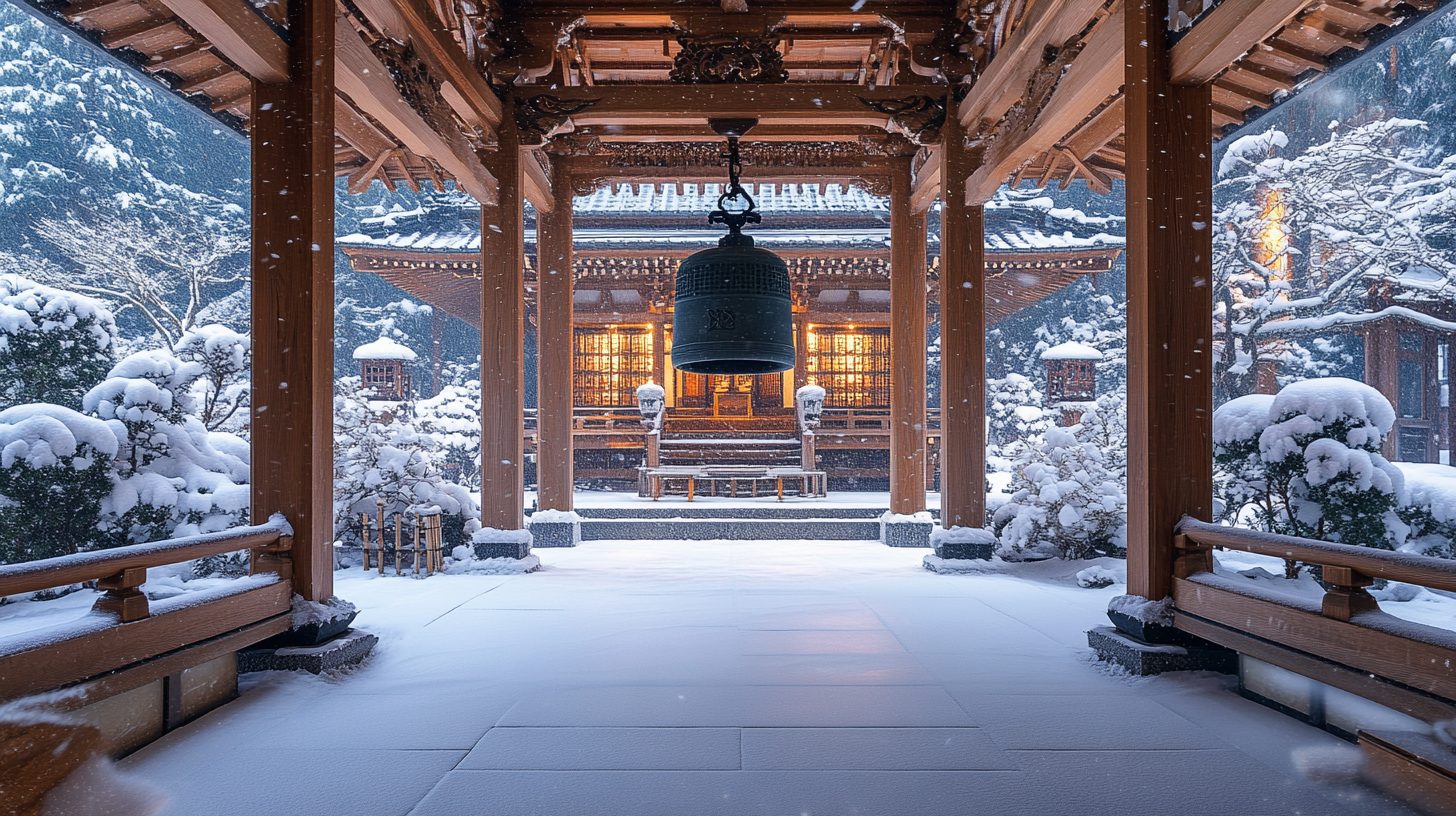 Rustic Japanese Building Interior with Snow and Sunlight