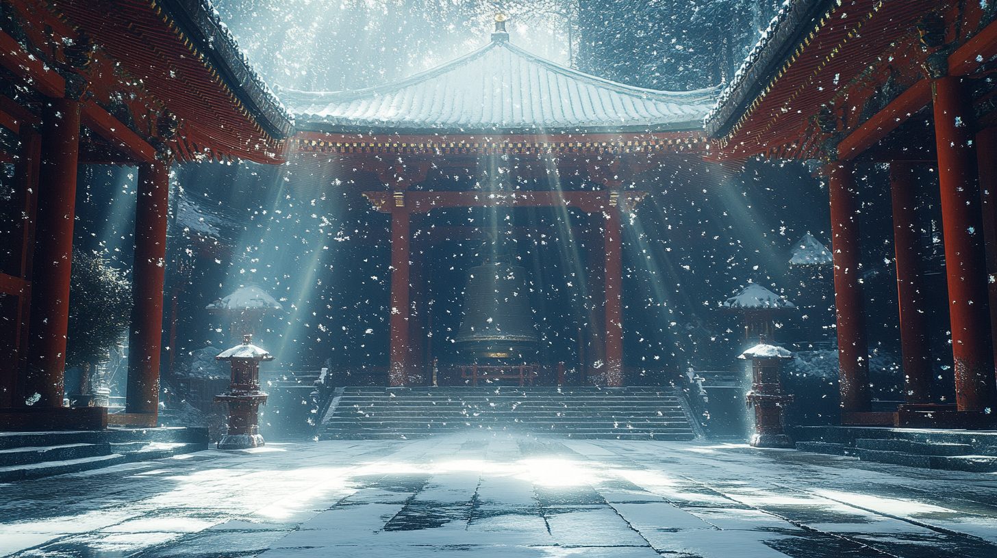 Rustic Japanese Building Interior with Snow and Sunlight