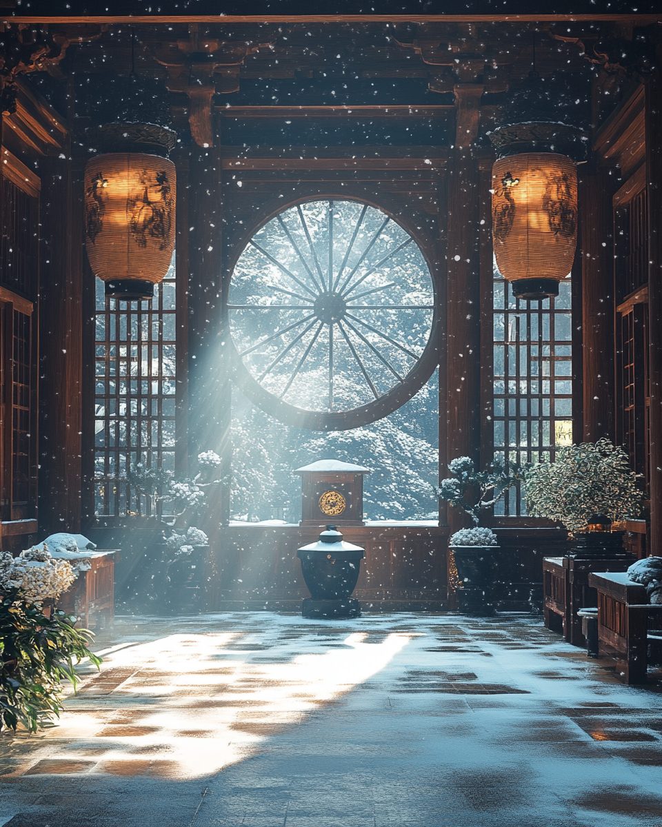 Rustic Japanese Building Interior with Snow and Sunlight