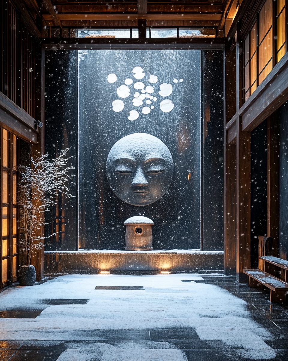 Rustic Japanese Building Interior with Snow and Sunlight