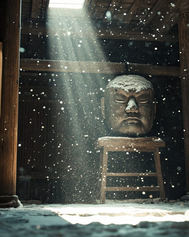 Rustic Japanese Building Interior with Snow and Sunlight