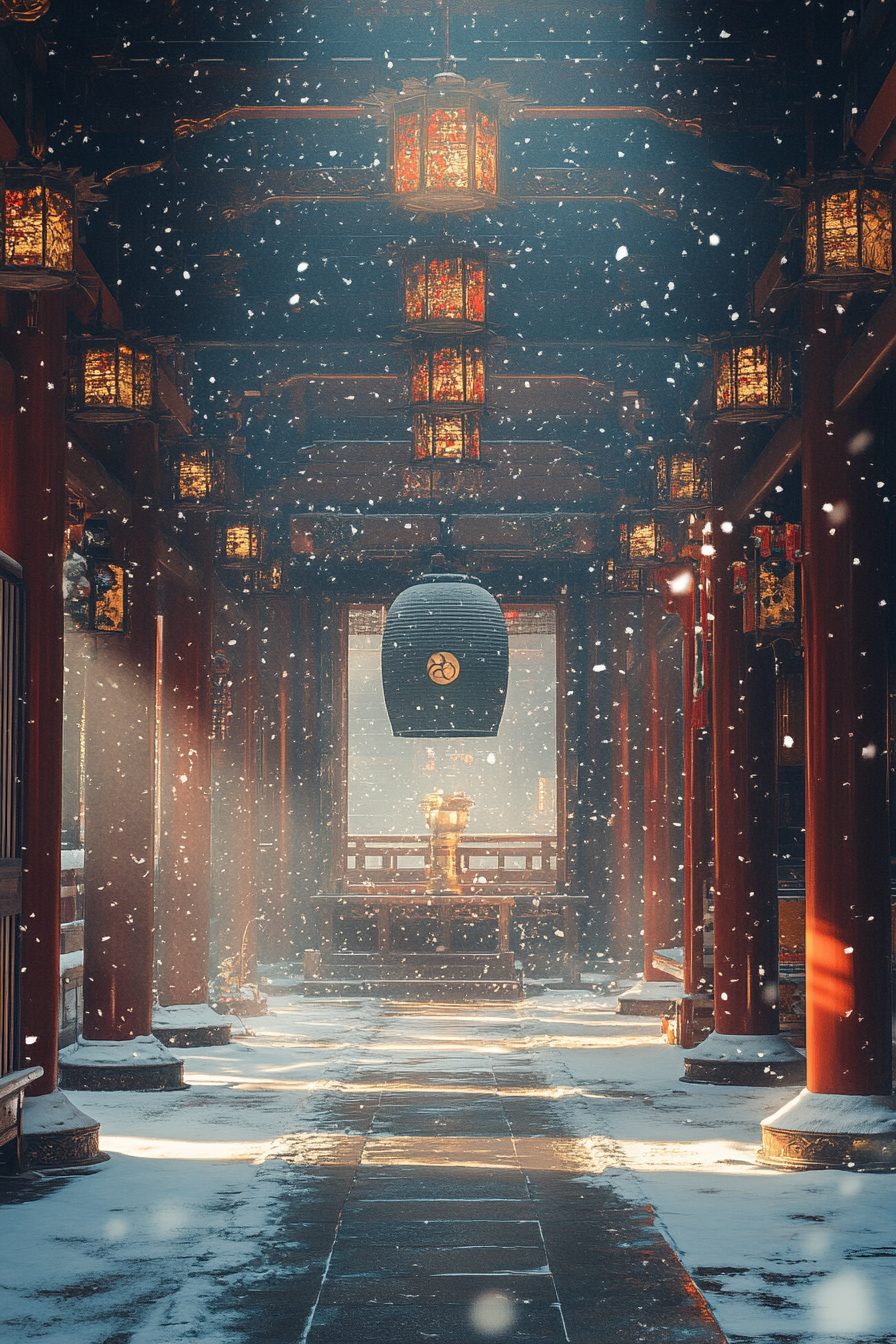 Rustic Japanese Building Interior with Snow and Sunlight