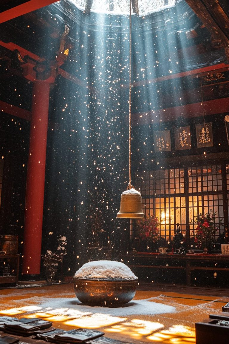 Rustic Japanese Building Interior with Snow and Sunlight