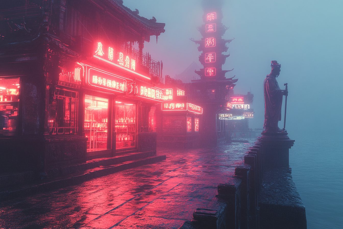 Ancient Statues and Neon Shops