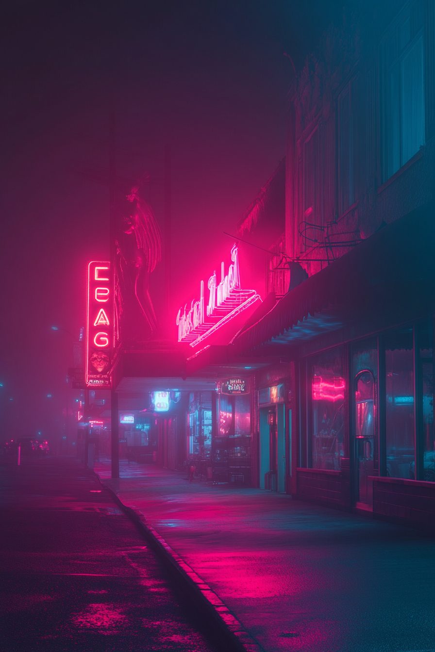 Ancient Statues and Neon Shops