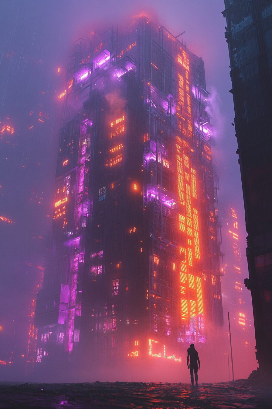 Neon Lights of the Cyberpunk Dystopian Apartment Buildings