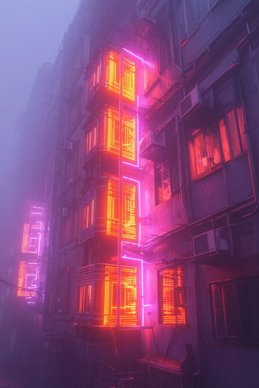 Neon Lights of the Cyberpunk Dystopian Apartment Buildings