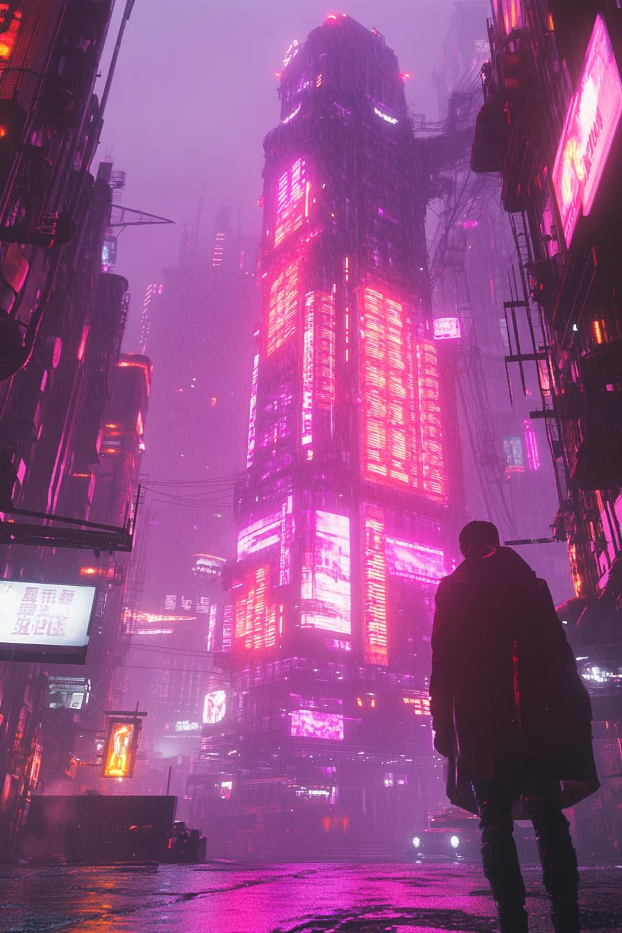 Neon Lights of the Cyberpunk Dystopian Apartment Buildings